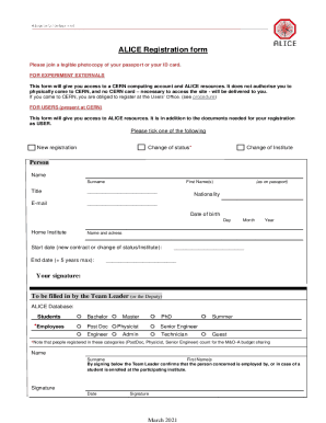 Fillable Online ALICE Registration form - ALICE secretariat Fax Email ...