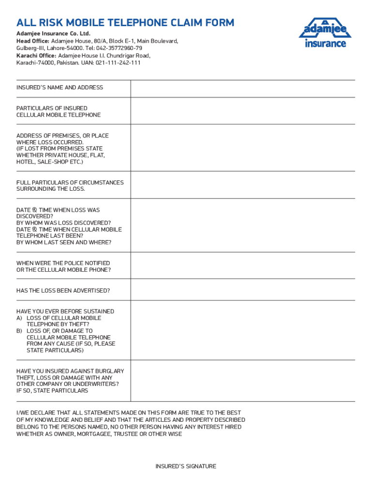 Fillable Online Adamjee All Risk Mobile Telephone Claim Form.FH10 Fax ...