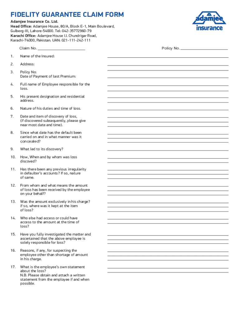 Fillable Online Adamjee Fidelity Gurantee Claim Form - Insurance in UAE ...