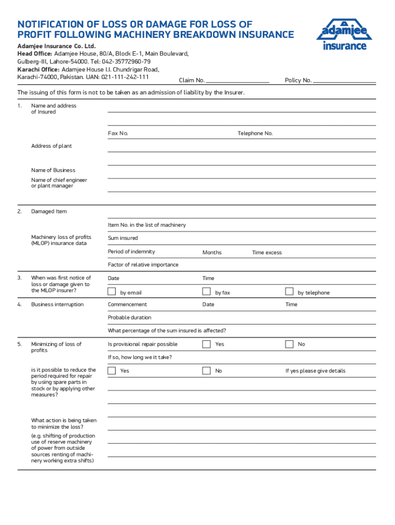 Fillable Online Adamjee Machinery Breakdown Claim Form.FH10 Fax Email ...