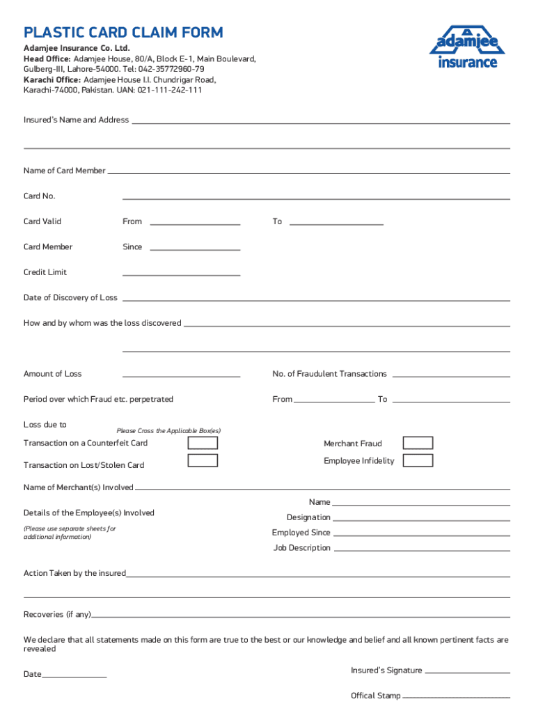 Fillable Online Adamjee Plastic Card Claim Form.FH10 Fax Email Print ...