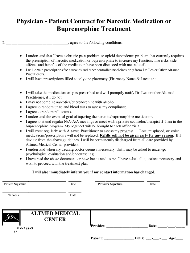 Fillable Online Today's Date: Physician - Patient Contract for Narcotic ...