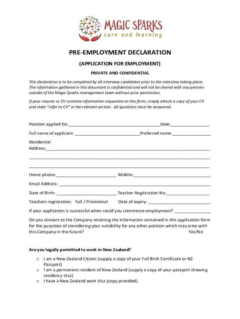 Fillable Online Pre-Employment Declaration RECRUITMENT DECLARATION IN ...