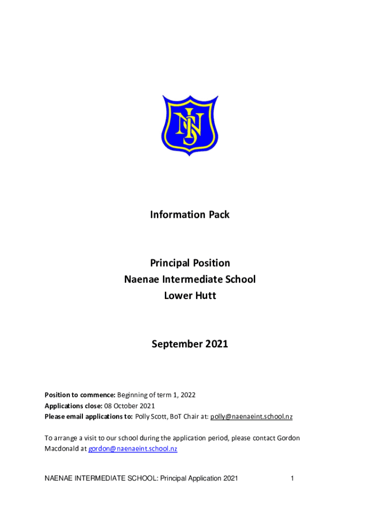 Fillable Online Information Pack Principal Position Naenae Intermediate ...