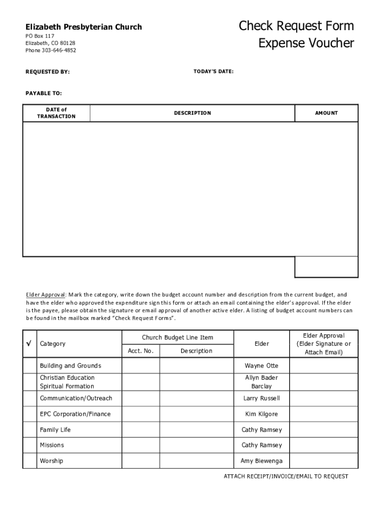 Fillable Online Elizabeth Presbyterian Church Check Request Form ...