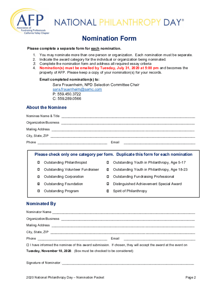 Fillable Online The National Philanthropy Day Awards Program (NPD), hosted by the Association of ...