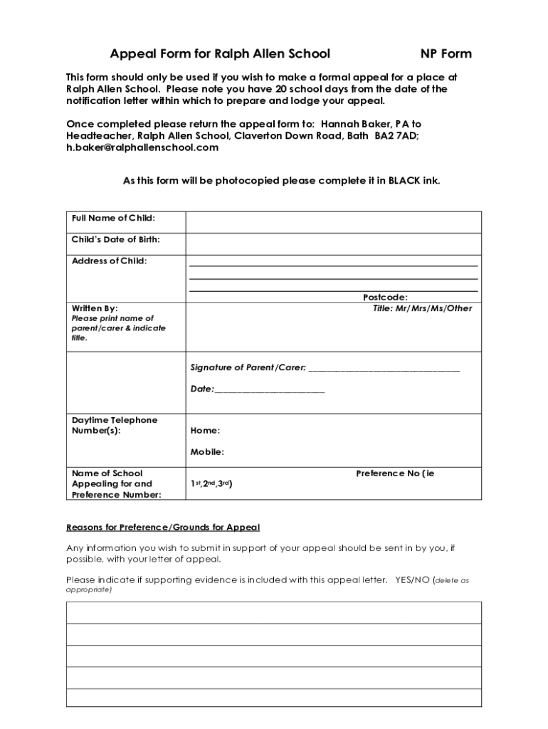 Fillable Online Appeal Form for Ralph Allen School Fax Email Print - pdfFiller