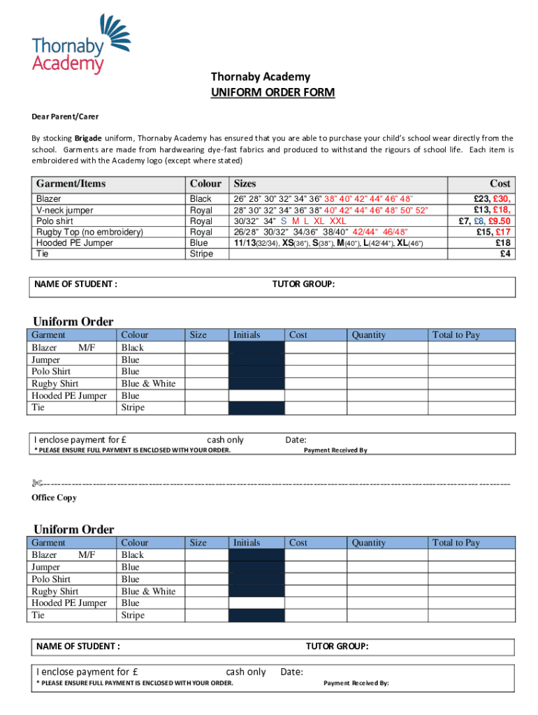 Fillable Online Schoolwear Order Form Fax Email Print - pdfFiller