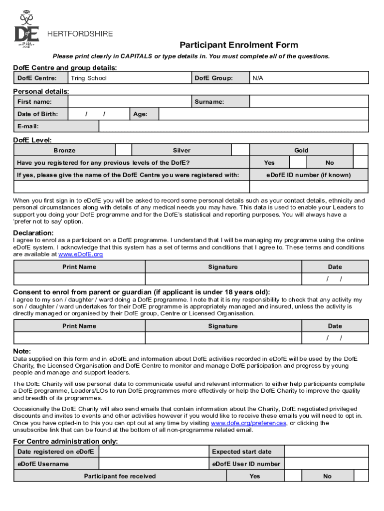 Fillable Online DofE Participant Enrolment Form - bournvilleschool.org ...