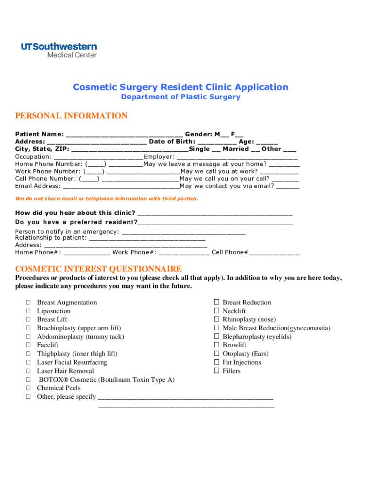 Fillable Online WelcomeDepartment of Plastic Surgery Fax Email Print ...