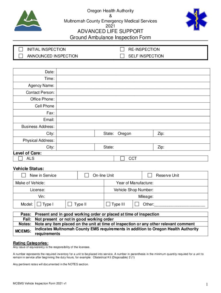 Fillable Online Advanced Life Support Ground Ambulance Inspection Form ...