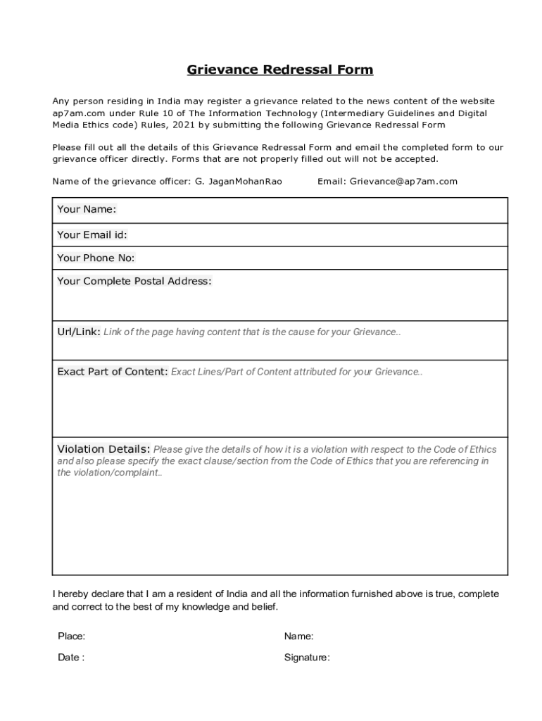 Fillable Online Grievance Redressal Form Fax Email Print - pdfFiller