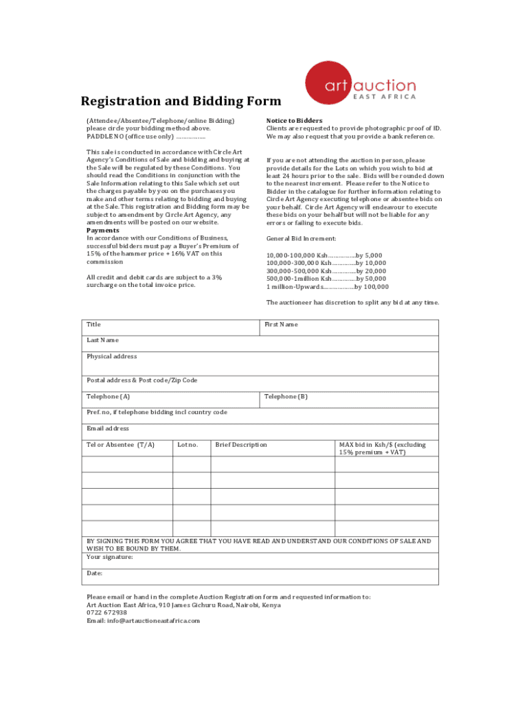 Fillable Online Registration and Bidding Form - Online Art Auction East ...