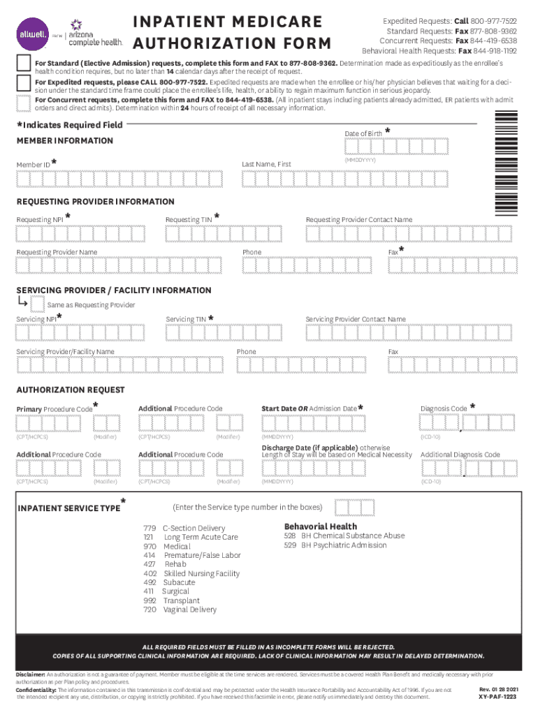 Fillable Online Inpatient Medicare Authorization Form. Authorization ...