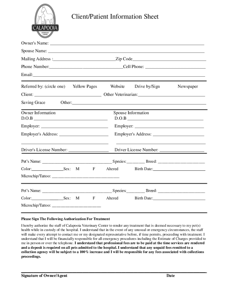 Fillable Online CLIENT/PATIENT INFORMATION SHEET Veterinary Allergy and ...