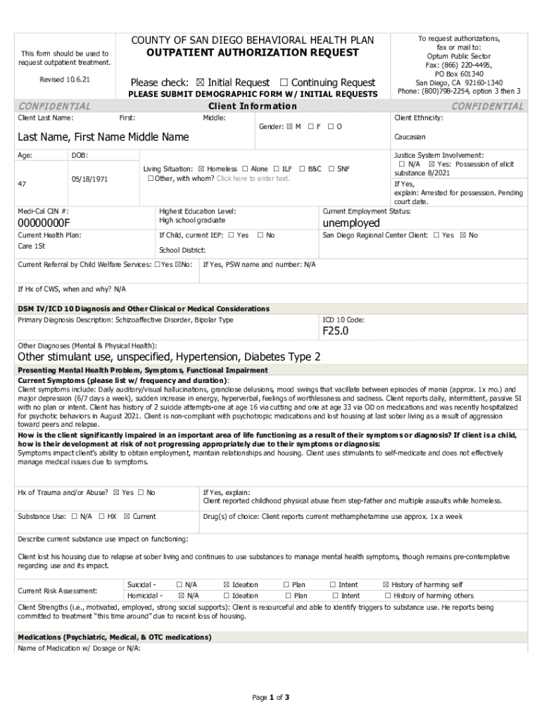 Fillable Online Example - Outpatient Authorization Request Form ...