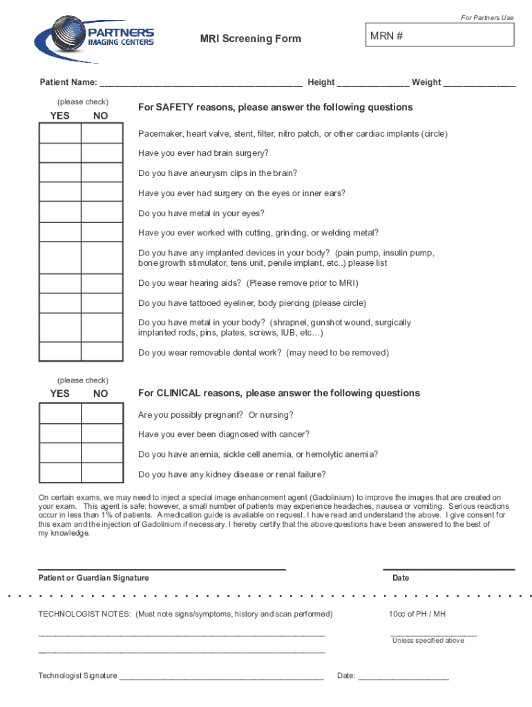 Fillable Online MAGNETIC RESONANCE (MR) PROCEDURE SCREENING FORM FOR ...