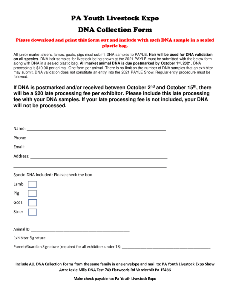 Fillable Online PA Youth Livestock Expo DNA Collection Form Fax Email ...