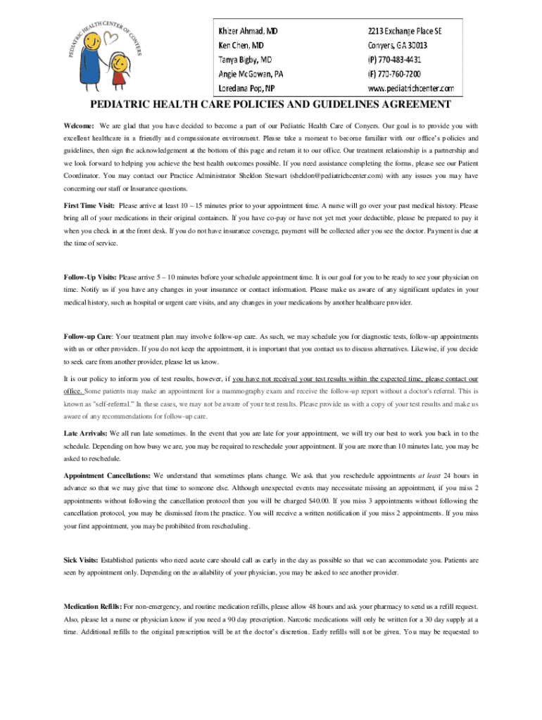 Fillable Online Policies and Guidelines Agreement - Pediatric Health ...