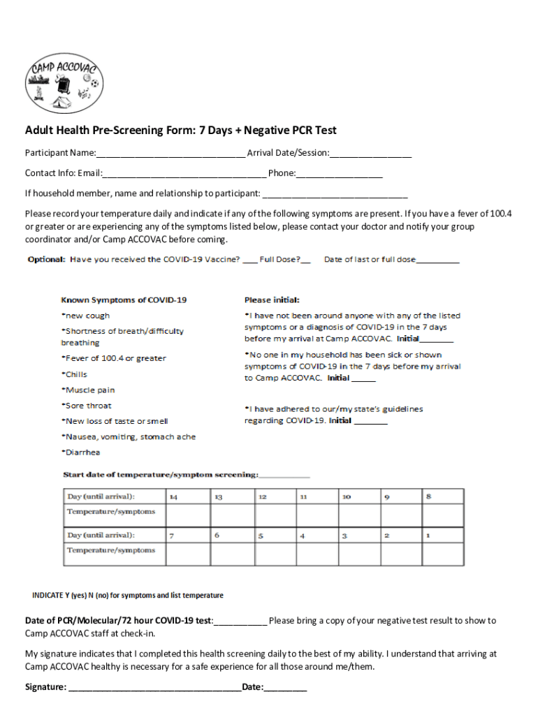 Fillable Online Adult Health Pre-Screening Form: 7 Days + Negative PCR ...