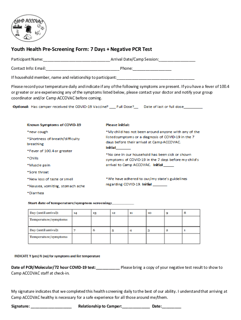 Fillable Online Youth Health Pre-Screening Form: 7 Days + Negative PCR ...