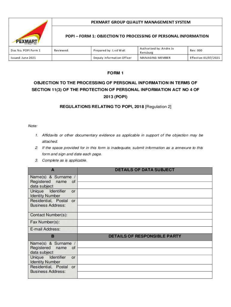 Fillable Online PEXMART GROUP QUALITY MANAGEMENT SYSTEM POPI FORM 1 ...