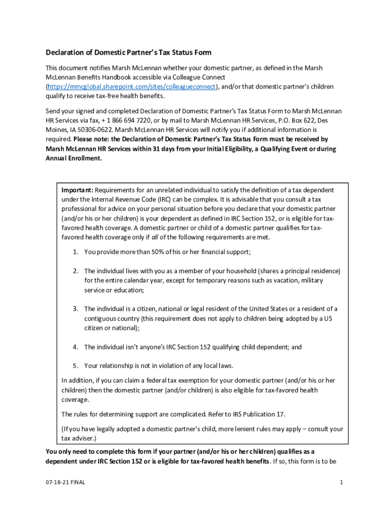 Fillable Online Declaration of Domestic Partner's Tax Status Form 07-18 ...