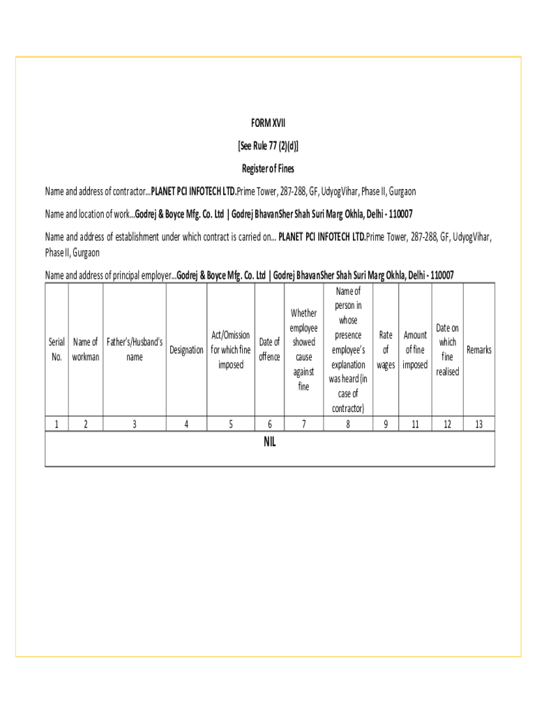 Fillable Online FORM XVII - Register of Fine Fax Email Print - pdfFiller