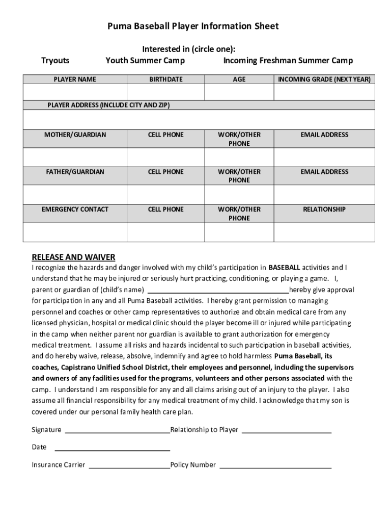Fillable Online Puma Baseball Info and Waiver.docx Fax Email Print ...