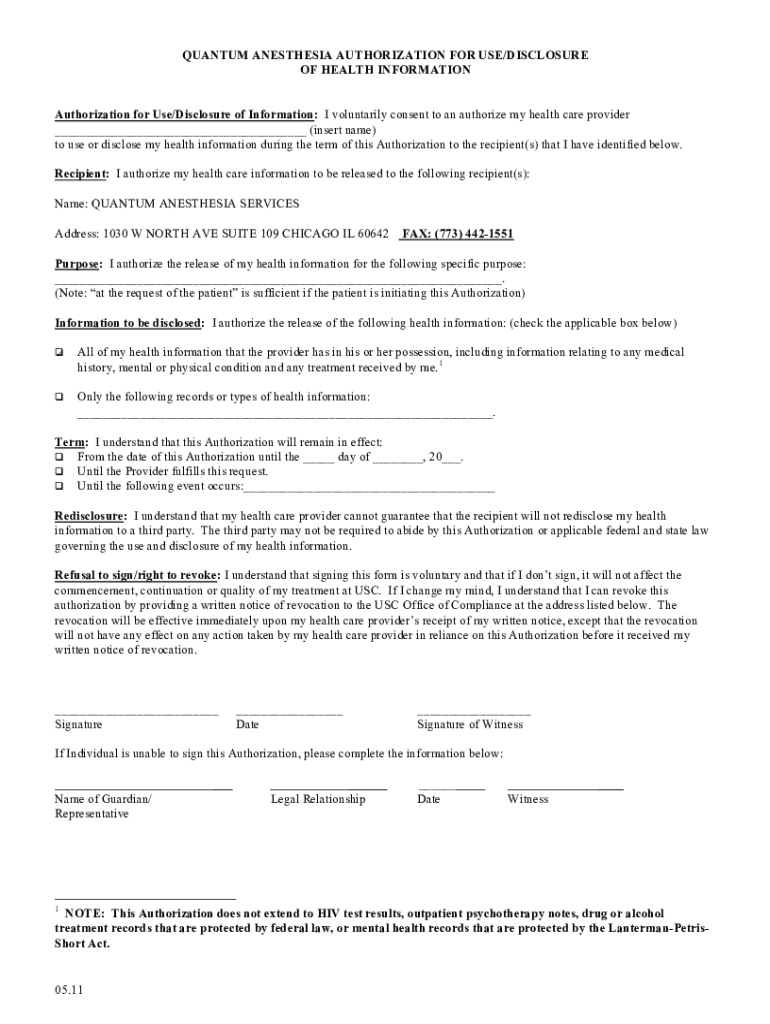 Fillable Online QUANTUM ANESTHESIA AUTHORIZATION FOR USE/DISCLOSURE OF ...