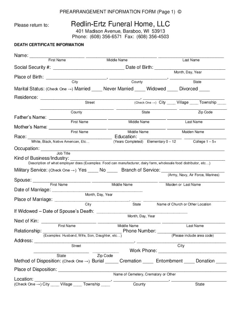 Fillable Online Fillable Online PREARRANGEMENT INFORMATION FORM (Page 1 ...