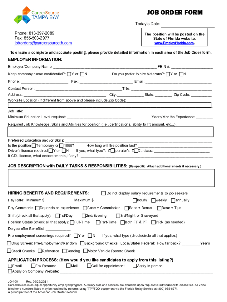 Fillable Online JOB ORDER FORM Careersourcetampabay Fax Email