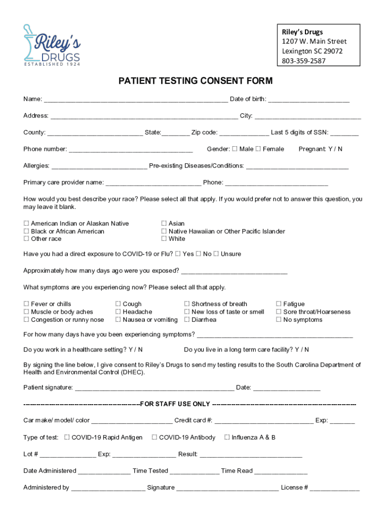 Fillable Online PATIENT TESTING CONSENT FORM Fax Email Print - pdfFiller