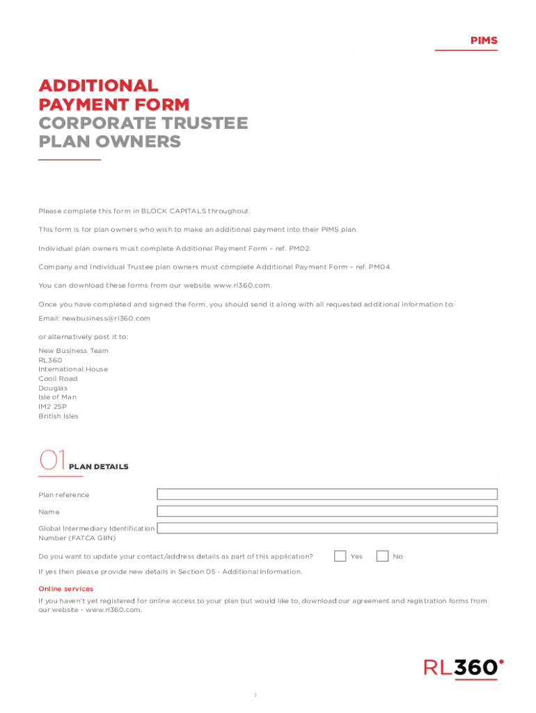 Fillable Online PIMS additional payment form - corporate trustee plan ...