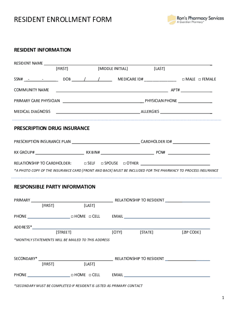 Fillable Online RESIDENT ENROLLMENT FORM - Guardian Pharmacy Fax Email ...