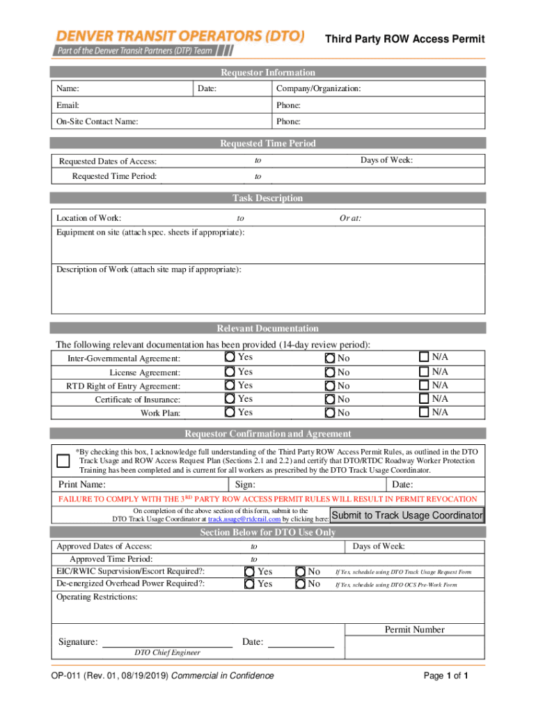 Fillable Online Third Party ROW Access Permit. Engineering Operations ...