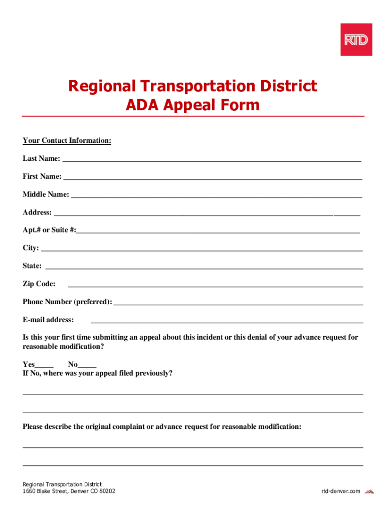 Fillable Online Regional Transportation District ADA Appeal Form Fax ...