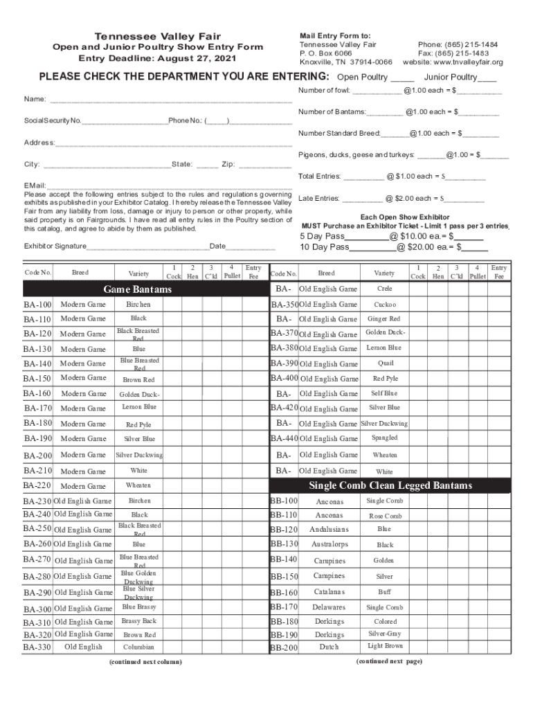 Fillable Online Tennessee Valley Fair general Exhibitor Entry Form Fax ...