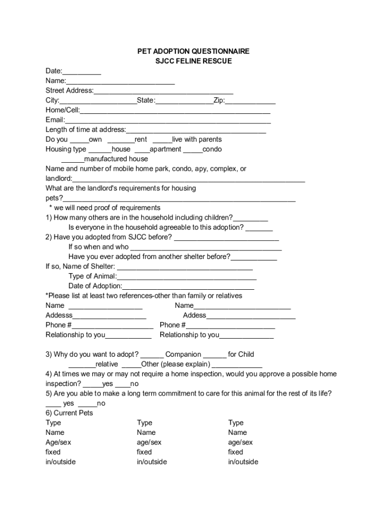 Fillable Online Cat Adoption Questionnaire - HomeLucky Dog Animal ...