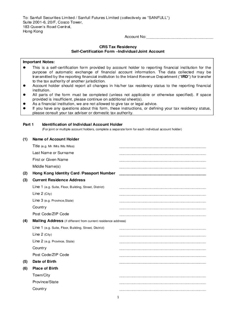 Fillable Online CRS Tax Residency Self-Certification Form ... - sanfull ...