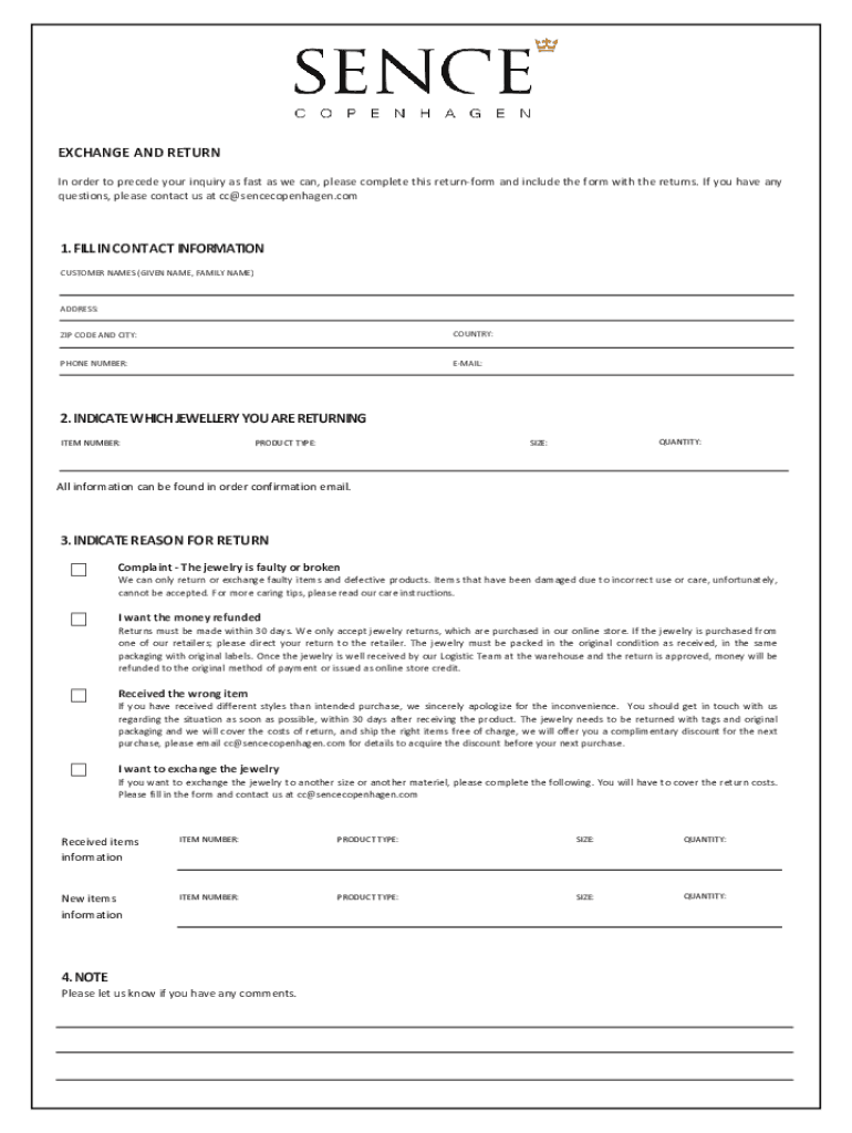 Fillable Online EXCHANGE AND RETURN 1. FILL IN CONTACT INFORMATION 2 ...