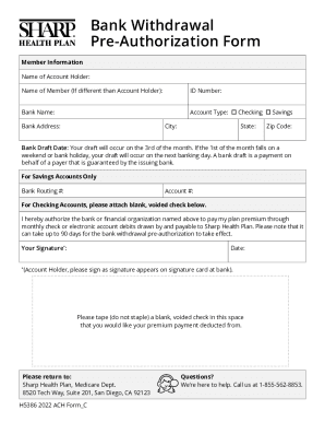 Fillable Online Sharp Health Plan 2022 Bank Withdrawal Pre ...