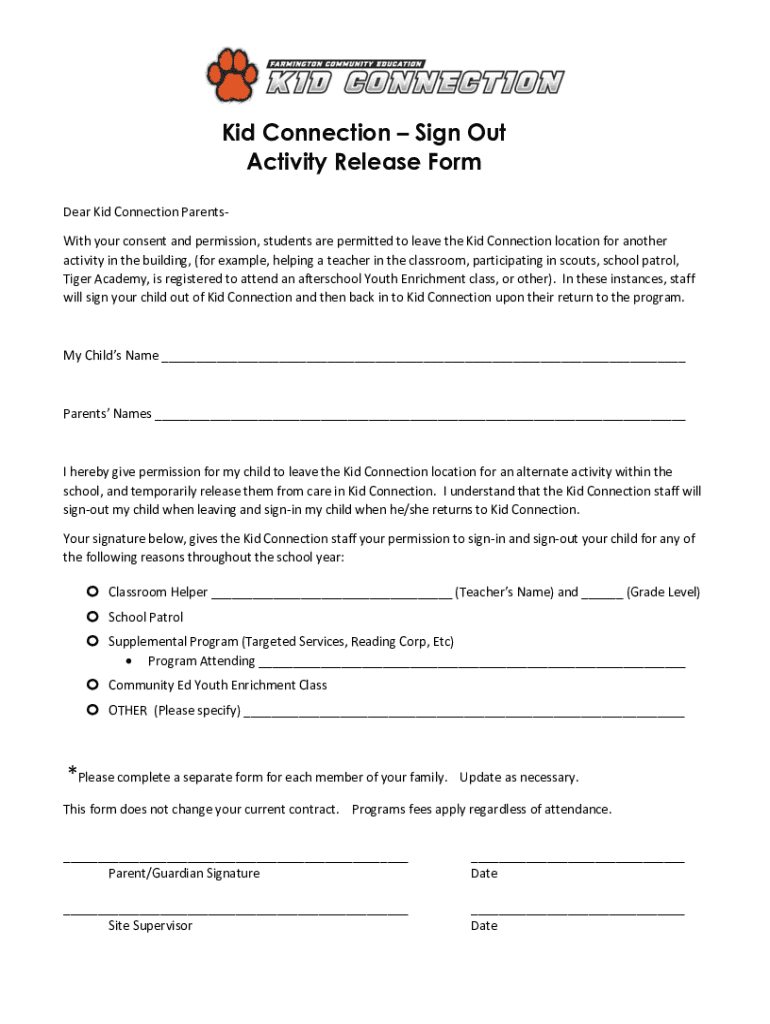 Fillable Online ACTIVITY RELEASE FORM - Farmington Area Public Schools ...