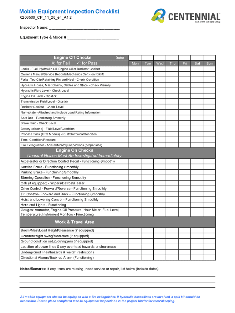 Fillable Online 28.1.2 Mobile Equipment Inspection Checklist Fax Email ...