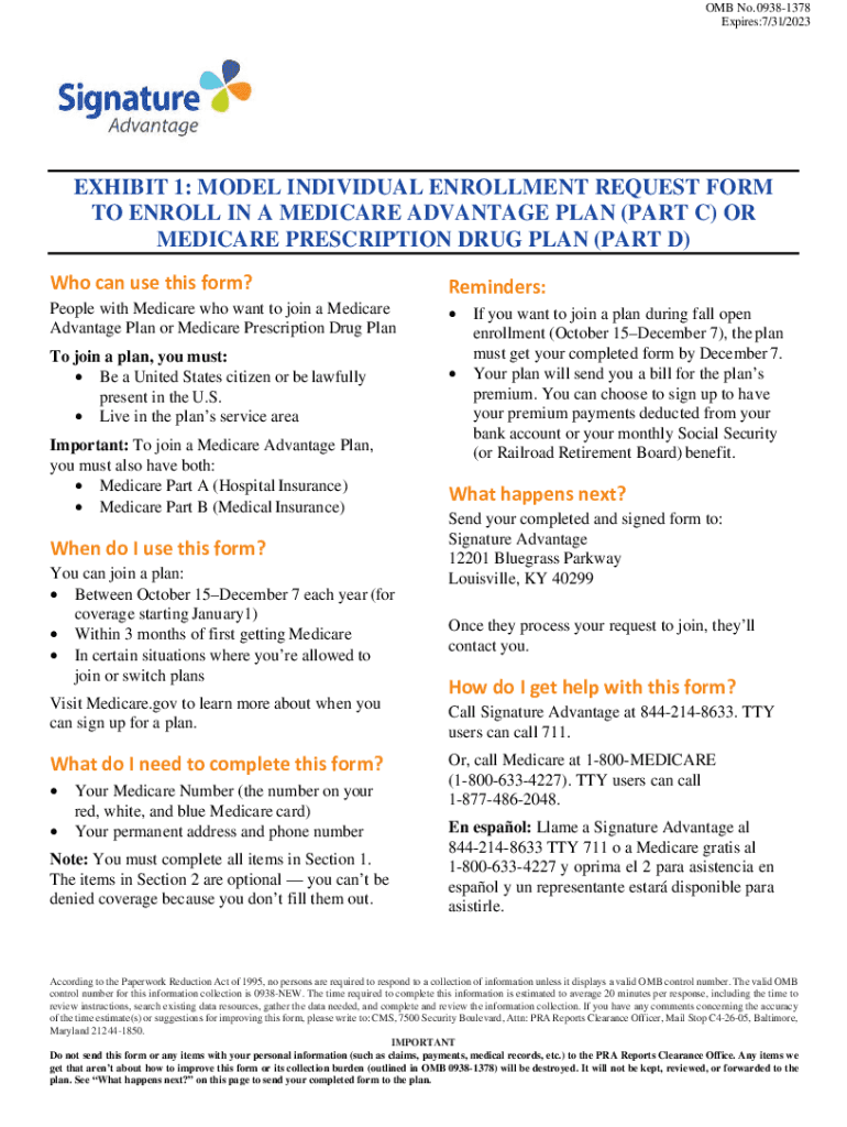 Fillable Online Fillable Online OMB No. 0938-1378 Individual Enrollment ...