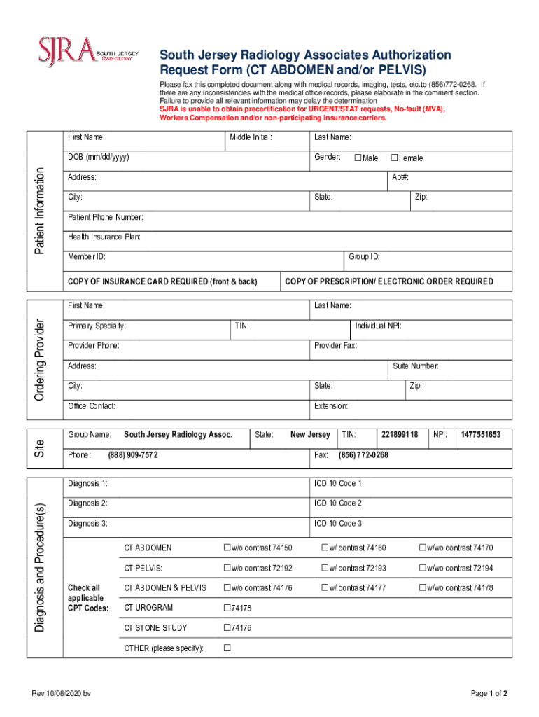 Fillable Online South Jersey Radiology Associates Authorization Request ...