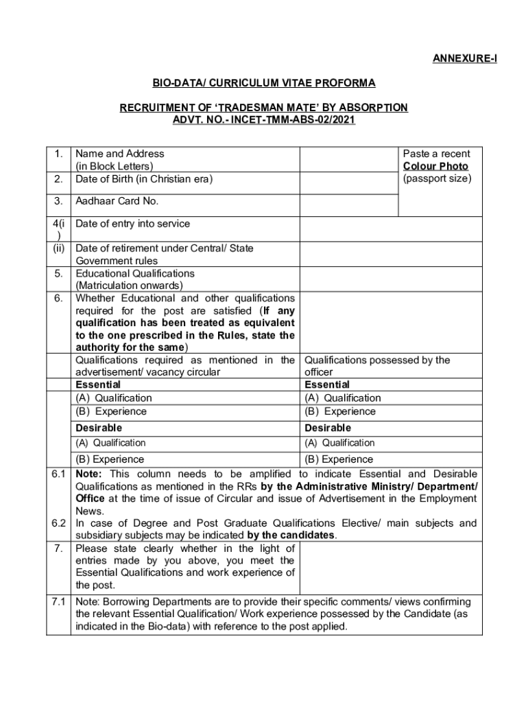 Fillable Online ANNEXURE-I BIO-DATA/ CURRICULUM VITAE PROFORMA ...