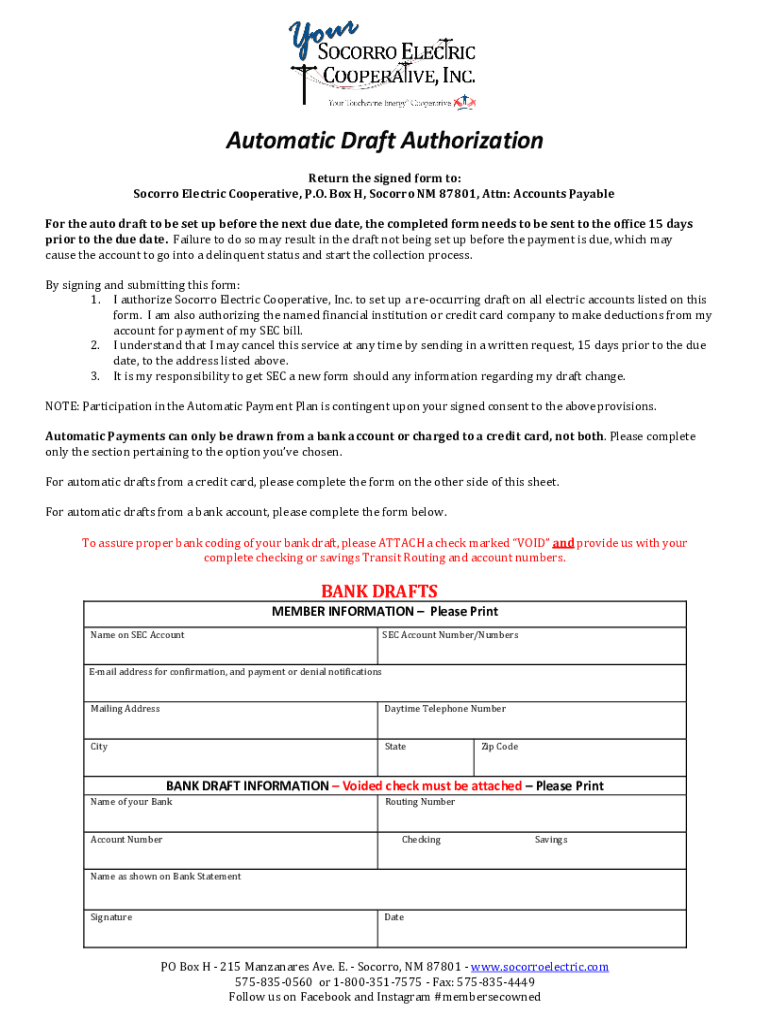 Fillable Online Automatic Draft Authorization - SOCORRO ELECTRIC COOPERATIVE Fax Email Print ...