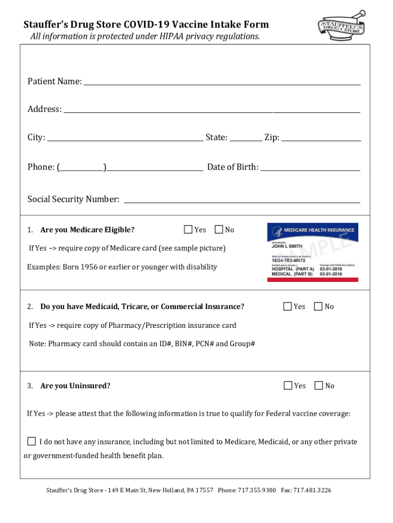Fillable Online Stauffers Drug Store COVID-19 Vaccine Intake Form Fax ...