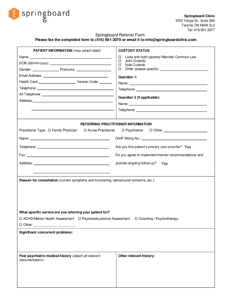 Fillable Online Springboard Clinic Toronto opening hours 1055 Yonge St ...